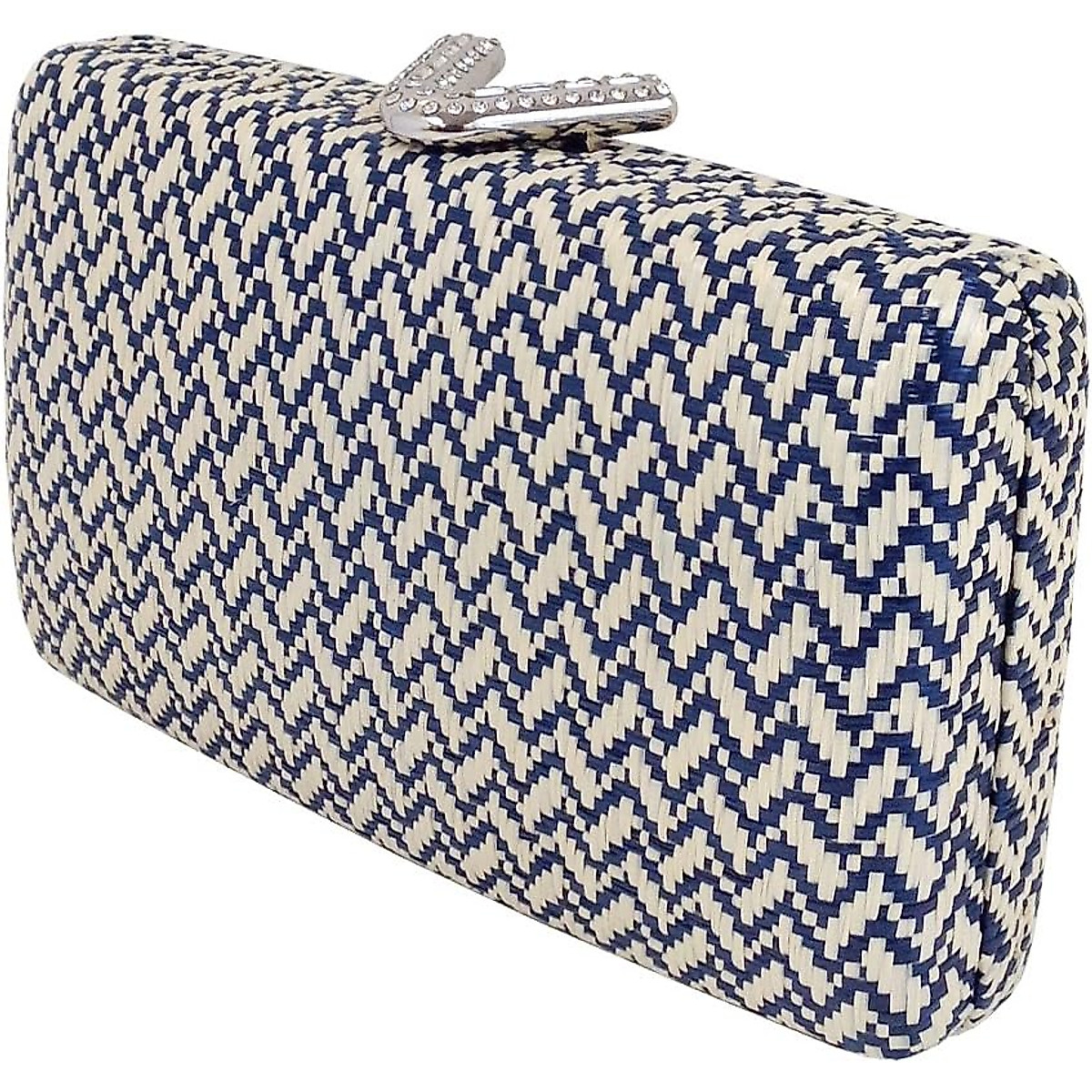 Chevron Raffia Straw Box Clutch with V Ornament