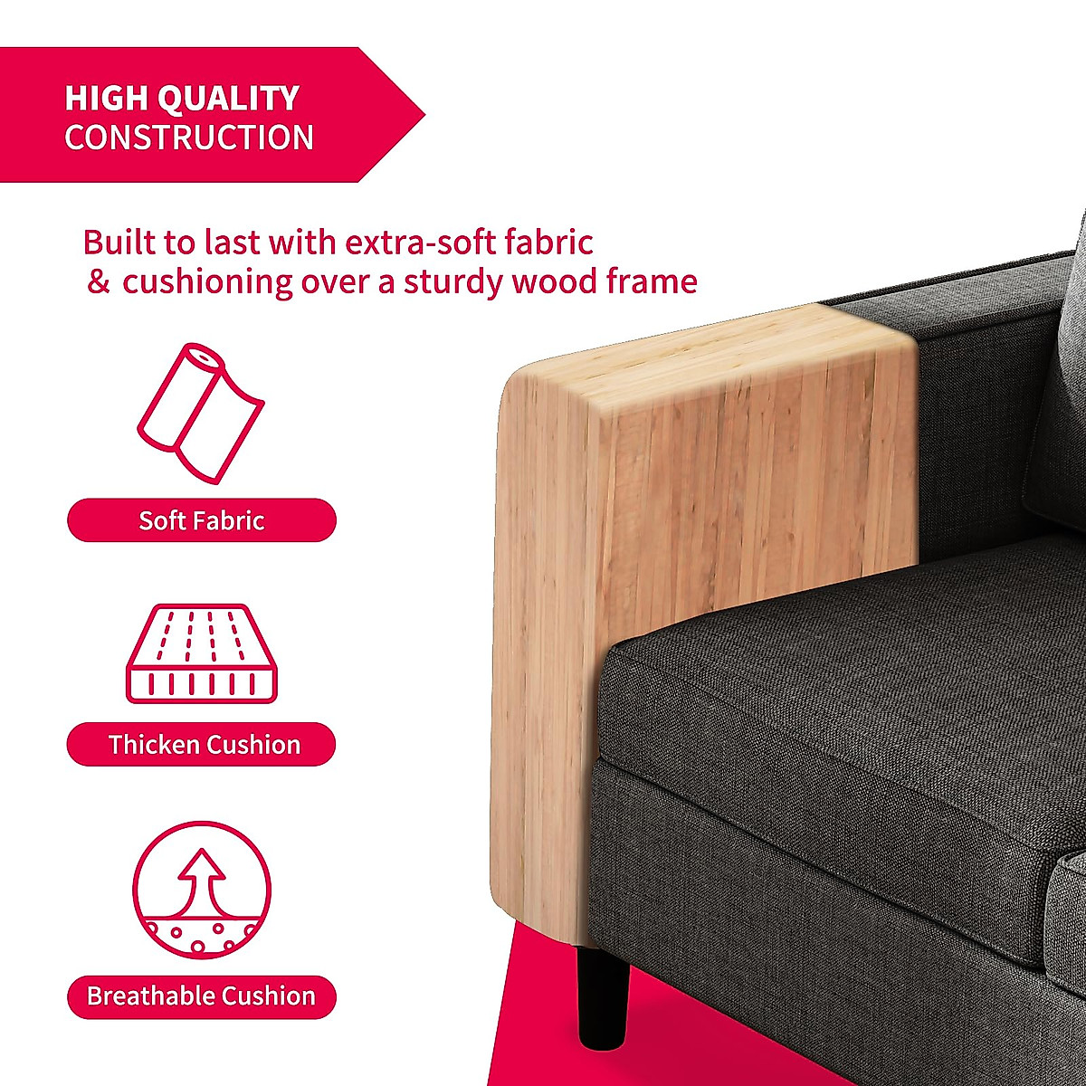 MUZZ 3-Seater Sectional Sofa with Movable Storage Ottoman, Modern Linen Sectional Couch with Side Pockets, L Shaped Sofa Couch for Living Room, Apartment,Office(Dark Grey)