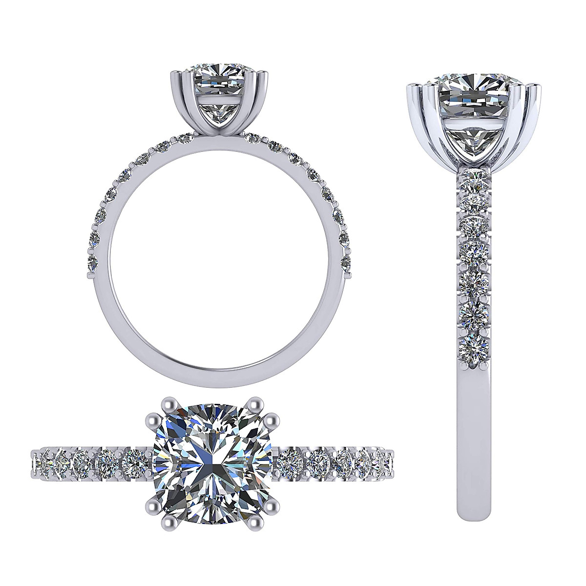 NANA Jewels Silver 7mm (2ct) Cushion Cut Pure Brilliance Zirconia Solitaire w/sides Eng Ring-Rhodium Plated-Size 7