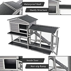 GEGURI Rabbit Hutch Indoor Rabbit Cage Outdoor, Chicken Coop Bunny Cage with Pull Out Tray, Waterproof Roof, Ramp (57.8" L x 17.9" W x 27.9" H, Grey)