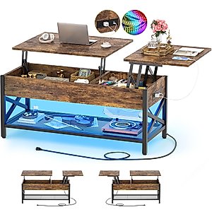 Aheaplus Coffee Table, Lift Top Coffee Table with LED Light and Power Outlet, Modern Lift-Top Center Table with Storage Shelf, for Living Room with Lift Tabletop, X Support Metal Frame, Rustic Brown