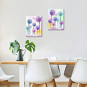 Purple Verbena Art Colorful Flowers Wall Art Butterfly Picture Purple Blue Pink Dandelion Abstract Painting Canvas Print Modern Artwork for Home Living Room Bathroom Bedroom Framed 12"x16"