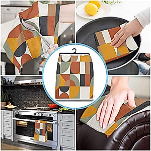 Decorfine Premium Kitchen Towels 18x28 Inch - Absorbent Dish Towels Art Retro Middle Age Geometric Abstract Plaid Grey Orange Hand Dish Cloths for Drying and Cleaning, 1 PCS