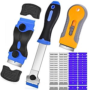 Razor Blade Scraper, 3 Pack Shrink Scraper Tool with 50 Plastic and 30 Metal Razor Blades, Cleaning Scraper, for Removing Label, Registration Sticker, Tint, Grease from Windshield, Appliance, Glass