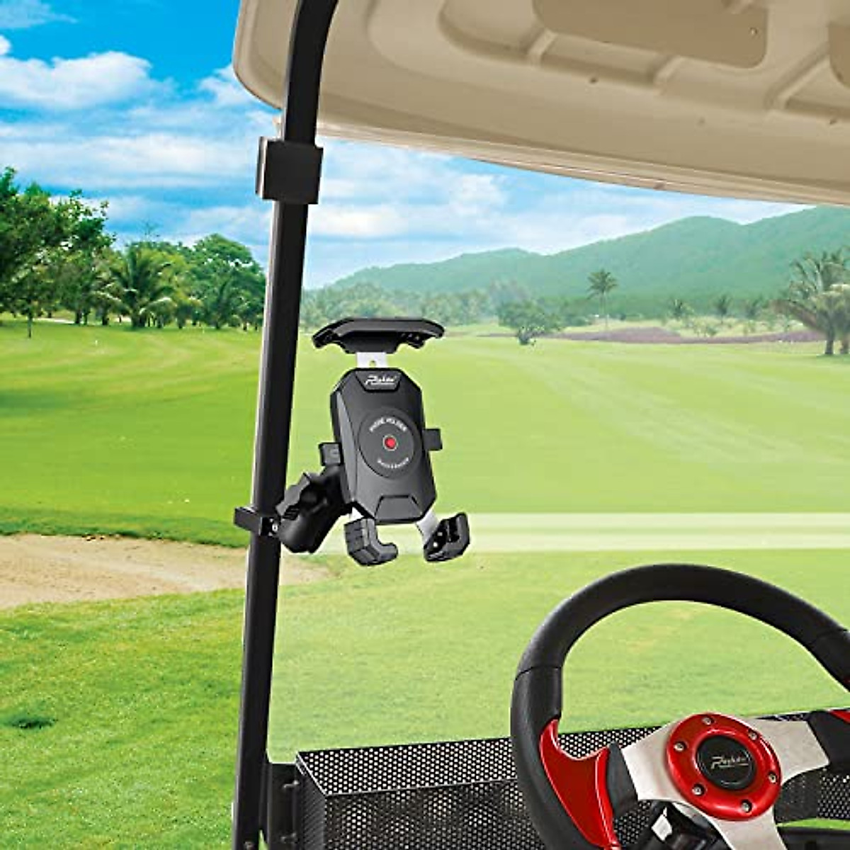 Roykaw Golf Cart Phone Mount Holder for EZGO/Club Car/Yamaha/ICON/Advanced EV Models, Upgrade Quick Release & One-Touch Lock, Compatible with iPhone/Galaxy/Google Pixel/Motorola/All 4.7"-6.8" Devices