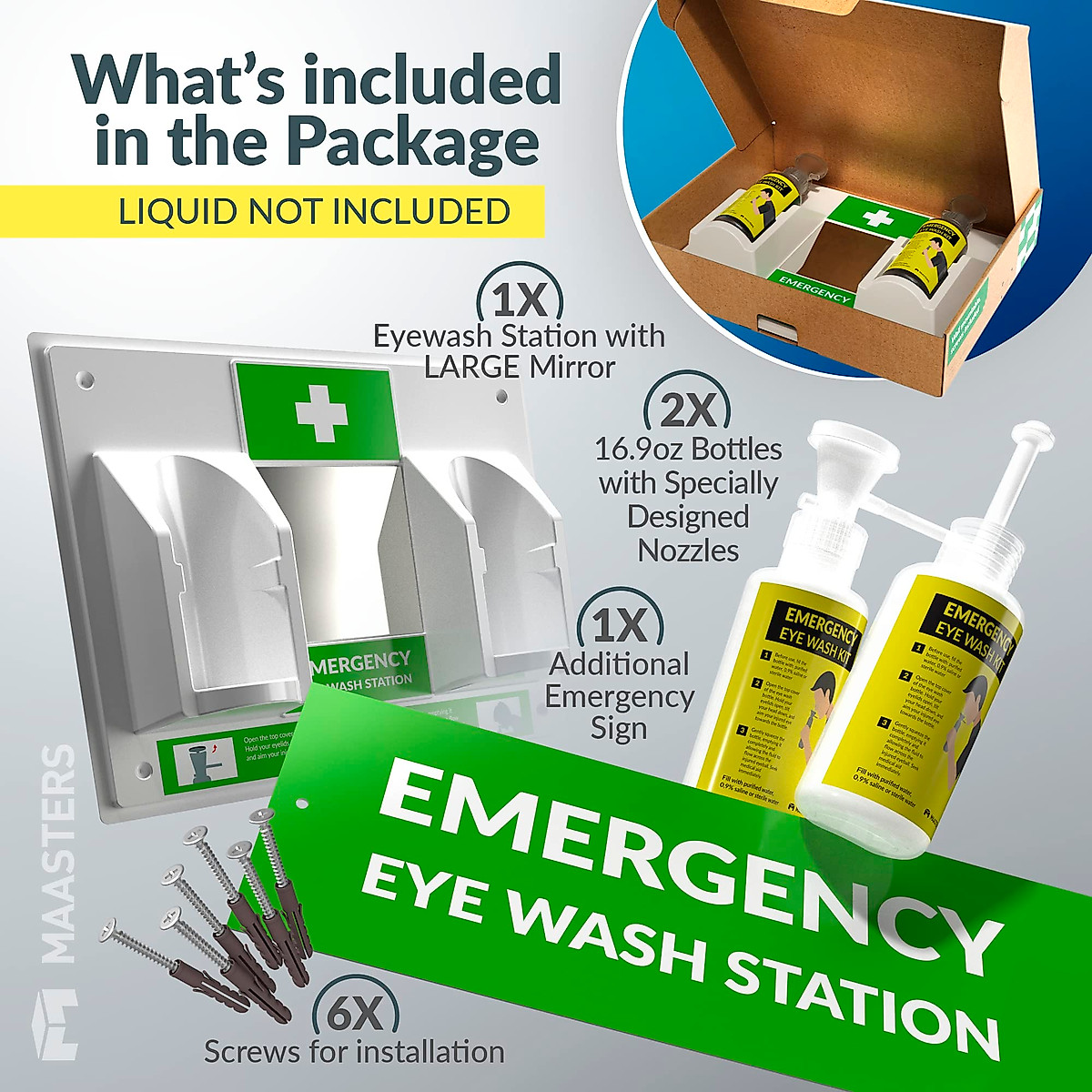 MAASTERS BPA Free Portable Eye Wash Station OSHA Approved - Wall-Mounted First Aid Eye Wash Kit w/Mirror & 2X 16oz Empty Bottles - No Eye Wash Solution Included - Emergency Eyewash