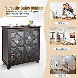 Giantex Buffet Sideboard, Freestanding Kitchen Cupboard w/Adjustable Shelf, 2 Decorative Glass Doors, Modern Storage Organizer for Living Room, Kitchen, Entryway (Brown)