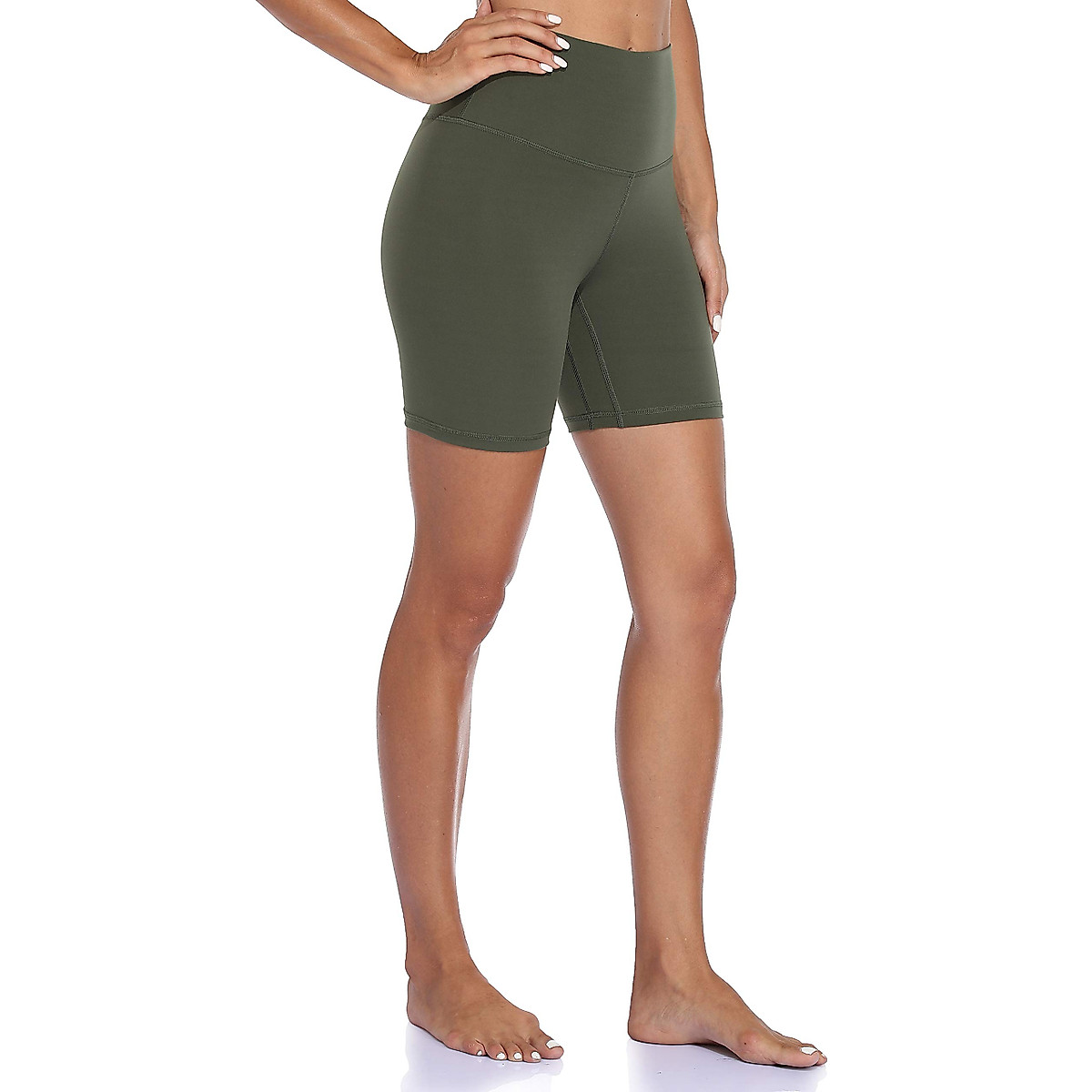 YUNOGA Women's High Waisted Yoga Short 6" Inseam Workout Athletic Biker Shorts (L, Army Green)