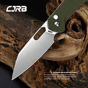 CJRB Pyrite-Alt (J1925A) Folding Pocket Knife with 3.11'' Stone Wash AR-RPM9 Wharncliffe Blade Green G10 Handle,Button Lock EDC Knife with Thumb Hole for Tactical,Outdoor,Hiking and Gift