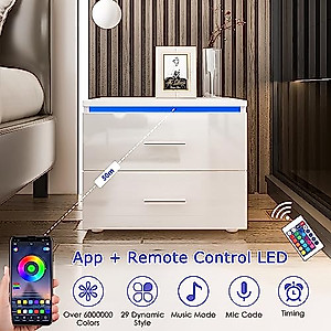 HOMMPA Small LED Nightstand White Modern Nightstand with led Light Matte LED Night Stand Bedside Table with 2 High Gloss Drawers for Children Bedroom Furniture 18.9" L x 13.8" W x 15.4" H