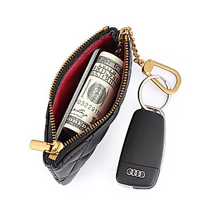 Mossruta Premium Genuine Full Grain Leather Mini Coin Purse Keychain Pouch Card Holder for Men Women (Black Quilted- AG)