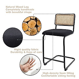 Modern Counter Height Bar Stools Set of 2 with Natural Rattan Cane and Solid Wood Backs, Boucle Fabric Upholstery with Metal Chrome Legs Mid Century Bar Chairs (Black, 2PCS-24'' Counter Height Stool)