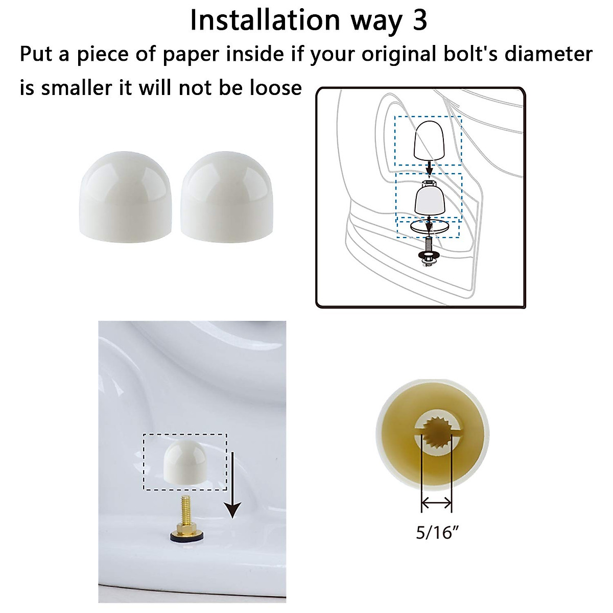 Hibbent 6 Packs Universal Toilet Bolt Caps, Toilet Push-On Bolt Caps Covers with Extra Washers for White/Almond Color Finish - 1.44 inch/ 1.1 inch/ 0.85 inch Height