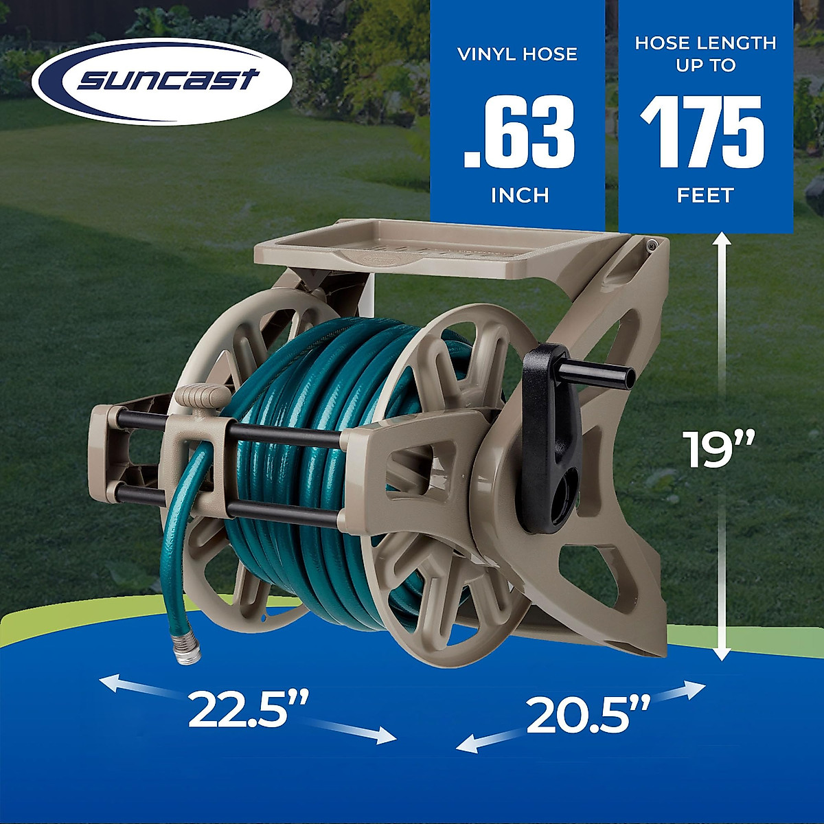 Suncast Wall-Mount Garden Hose Reel, 175 ft. 5/8 in. Vinyl Water Hose Holder, Light Taupe