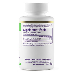 Paradise Herbs Ginkgo Biloba Extract, Super Potent, Ultra Pure, Vegan, Non GMO, Gluten Free, 60 Vegetarian Capsules