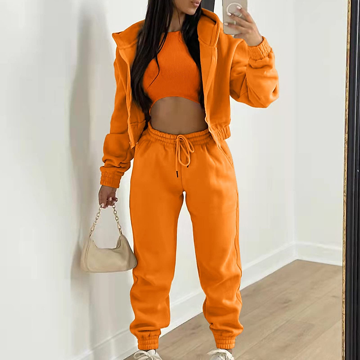 sumensumen Sweatpant and Sweatshirt Set for Women,Two Piece Outfits-Hooded Tracksuit Loungewear Sweatsuit with Pockets Orange,Small