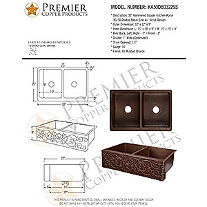 Premier Copper Products KA50DB33229S 33-Inch Hammered Copper Kitchen Apron 50/50 Double Basin Sink with Scroll Design, Oil Rubbed Bronze