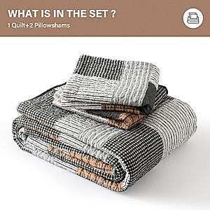 SahSahCasa, Queen Bedding Set, 3Pcs, 100% Cotton, Farmhouse Patchwork Quilt, Plaid Reversible, Grey/Black/Brown/White, All-Season Use, Lightweight, Washable