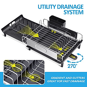 TOOLF Dish Drying Rack, Stainless Steel Dish Rack, Expandable(14.5"-25.3") Dish Drainer Rack and Utility Drainboard Set with Foldable Rack, Utensil Holder Cups Holder for Countertop, 1 Piece Black