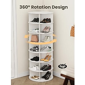 Toemics 7 Tier Rotating Shoe Rack Tower 28 Shelves, 360° Spinning Display Lazy Susan Organizer, Carousel for Shoes & Handbags, Easy Assembly, Includes 4 PCS Double-Layer Shoe Racks, White