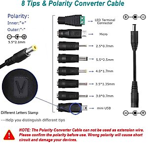Universal 3V - 24V 1.5A 36W Adjustable DC Power Supply Adapter Speed Control Volt Display with Variable 8 Plugs and 1 Polarity Reverse Cable Cord