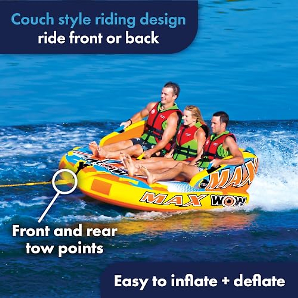 WOW Sports - Max Inflatable Towable Deck Tube - Boating Accessory - Fits Kids & Adults - Up To 3 Riders