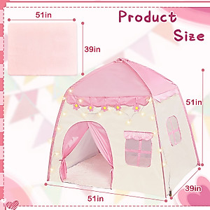 Wettarn Kids Princess Tents with Star Lights, Rug for Girls Boys Kids Gift 51 x 51 x 39 Inch Play Tent Princess Castle Playhouse Tent, Pink Castle for Indoor Outdoor Birthday Children Room