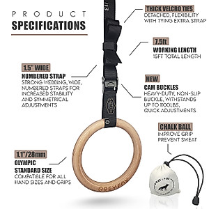 New Grey Fox Premium Numbered 1.1" Wooden Gymnastic Rings with Adjustable Straps Olympic Size: Chalk, Non-Slip Buckle |Full Body Suspension |Bodyweight Calisthenics |Home Gym Equipment |Fitness Gifts