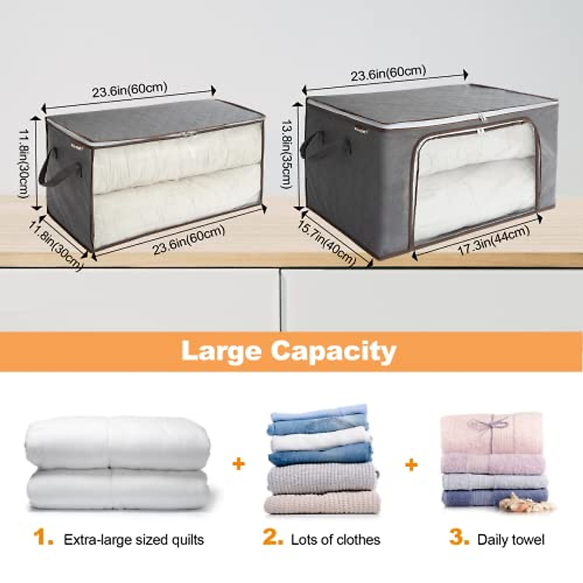 Clothes Storage Bags - Large Capacity Blanket Coats, T-shirts and Comforter Storage Bags, 3 pack Organizer Foldable Storage Cubes and Closet Clothes Storage Bins, with Reinforced Handles and Clear Window