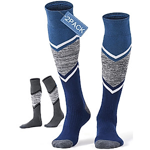 FITRELL 2 Pack Men's and Women's Ski Socks Full Cushioned Winter Merino Wool Thermal Knee High Warm Boot Socks for Skiing Snowboarding, Grey+Blue, X-Large