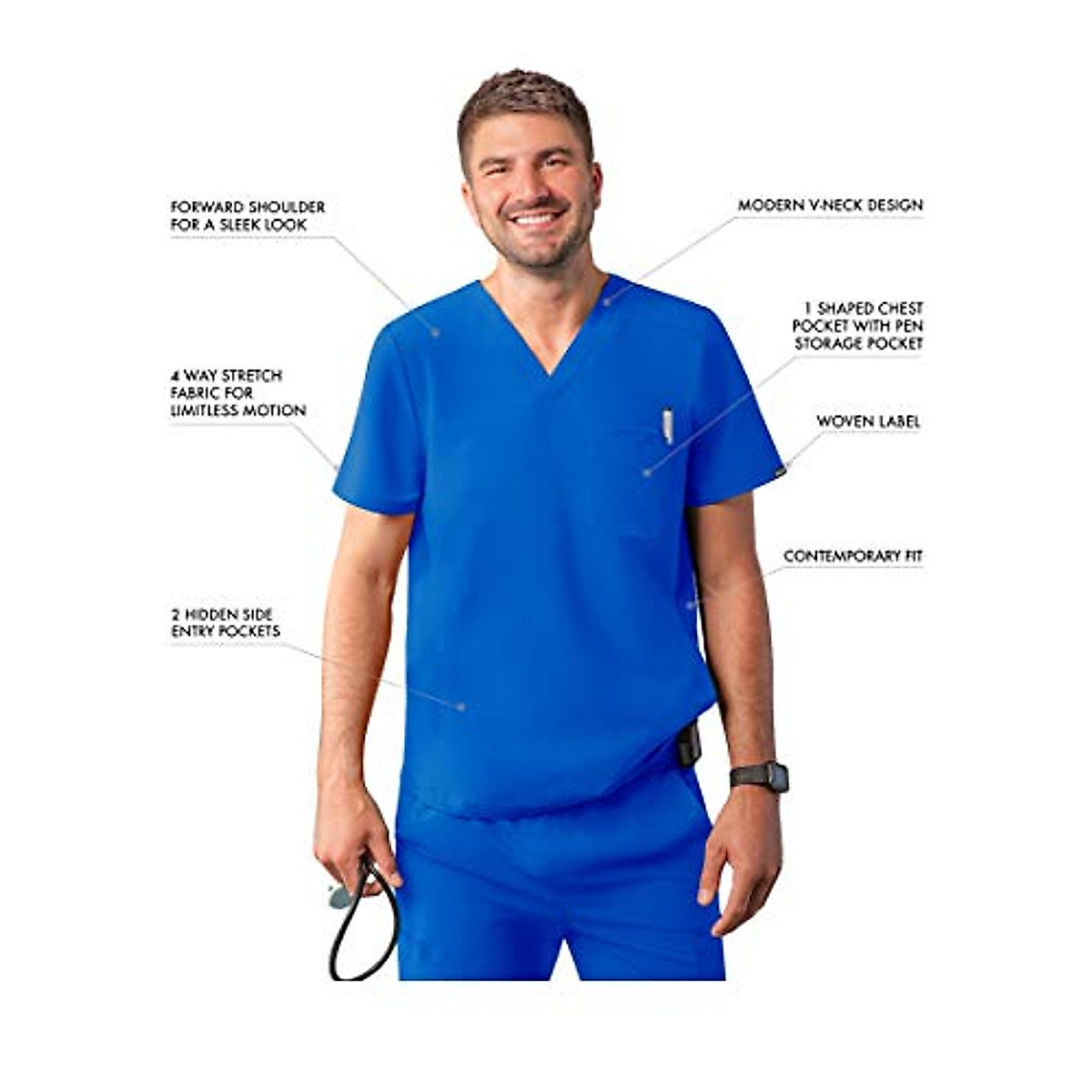 Adar Addition Scrubs for Men - Modern Multi Pocket V-Neck Scrub Top - A6010 - Royal Blue - M