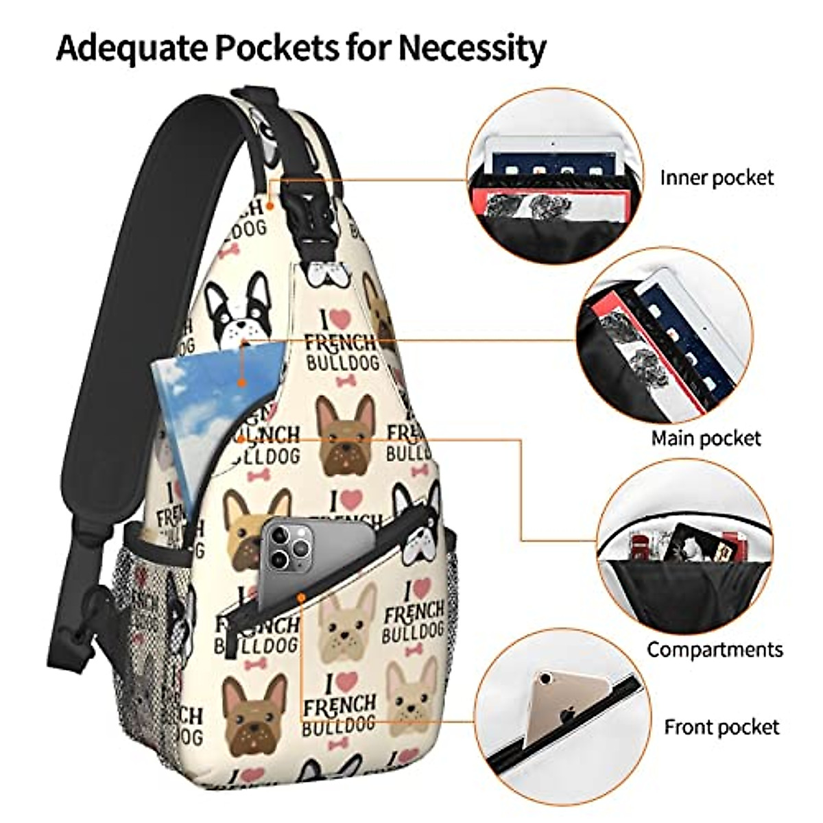 French Bulldog Crossbody Sling Backpack Lunch Box Shoulder Chest Urben Sling Bag Travel Hiking Chest Bag Daypack For Women & Men