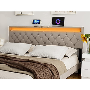 IKIFLY Upholstered King Size Headboard with LED Lights & 2 USB Ports - Adjustable Height - Button Tufted Linen Fabric Padded Headboard, Easy Assembly, King Headboard Only for Bedroom - Light Brown