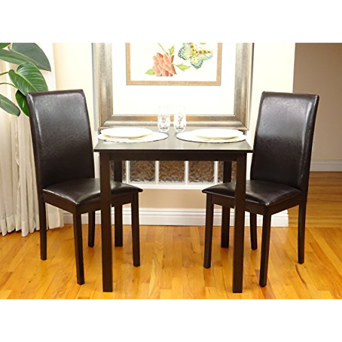 3 Pc Dining Room Dinette Kitchen Set Square Table and 2 Fallabella Chairs Classic Style Solid Wood Espresso Finish Rattan Wicker Furniture