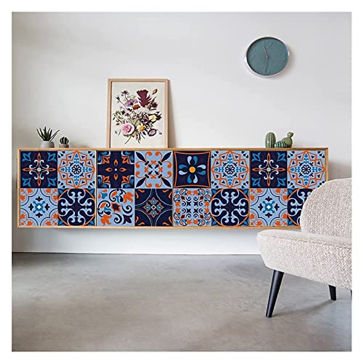 Tile Stickers Pattern Orange Blue Stick on Tiles Bathroom PVC Self Adhesive Wall Tiles Kitchen Stick on Wall Tiles Waterproof Peel and Stick Floor Tiles Self Adhesive Tiles for Walls
