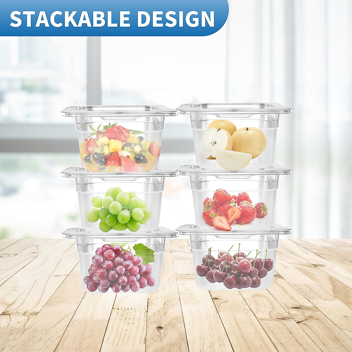 KEJJNYER 6 Pcs Plastic Food Pan with Lid, 4'' Deep Stack Clear Salad Bar Containers Commercial Plastic Restaurant Containers for Food Fruits Vegetables(1/6 Size)