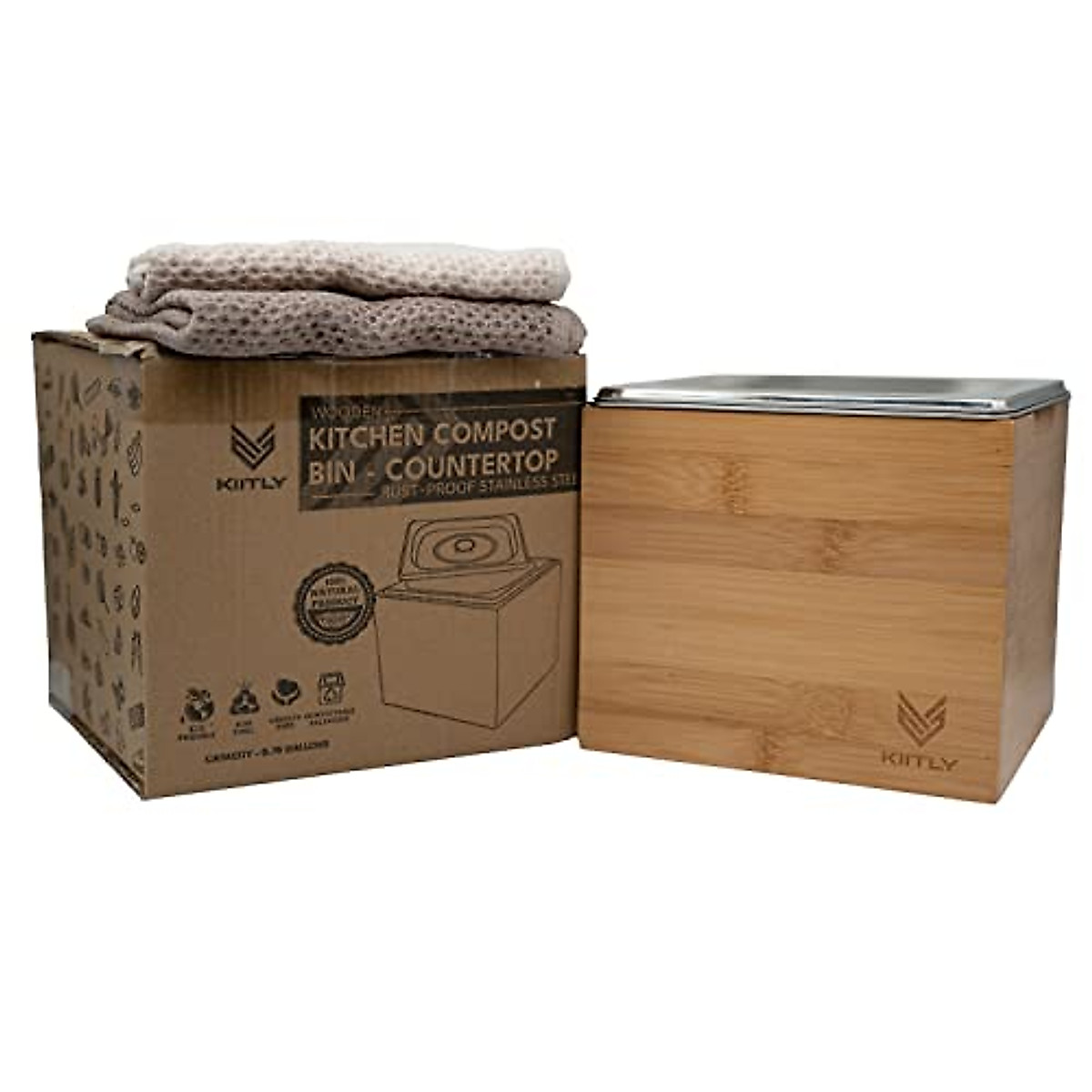 KIITLY | Countertop Compost Bin for Kitchen - Indoor Composter with Lid | Smell Proof, Odorless, and Stainless Steel Food Scrap Container with Wood Box (Bamboo, Small)