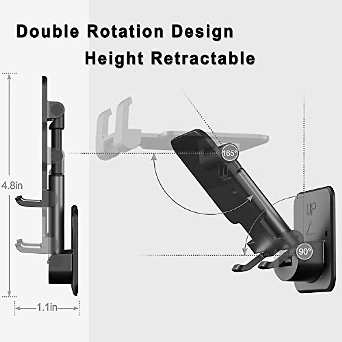 MLUOVI Wall Mount Phone Holder 2PCS Phone Wall Mount, Extendable Adjustable Cellphone Stand for Desk Mirror Bathroom Kitchen Bedroom Office Compatible with All Phone or Mini Pad (Black)
