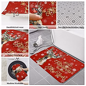 Kitchen Rug and Mat Set Merry Christmas Reindeer Robin,Non-Slip Doormats Comfort Durable Floor Runner,Winter Snowflakes on Red Washable Standing Carpet for Bedroom Living Room Decor