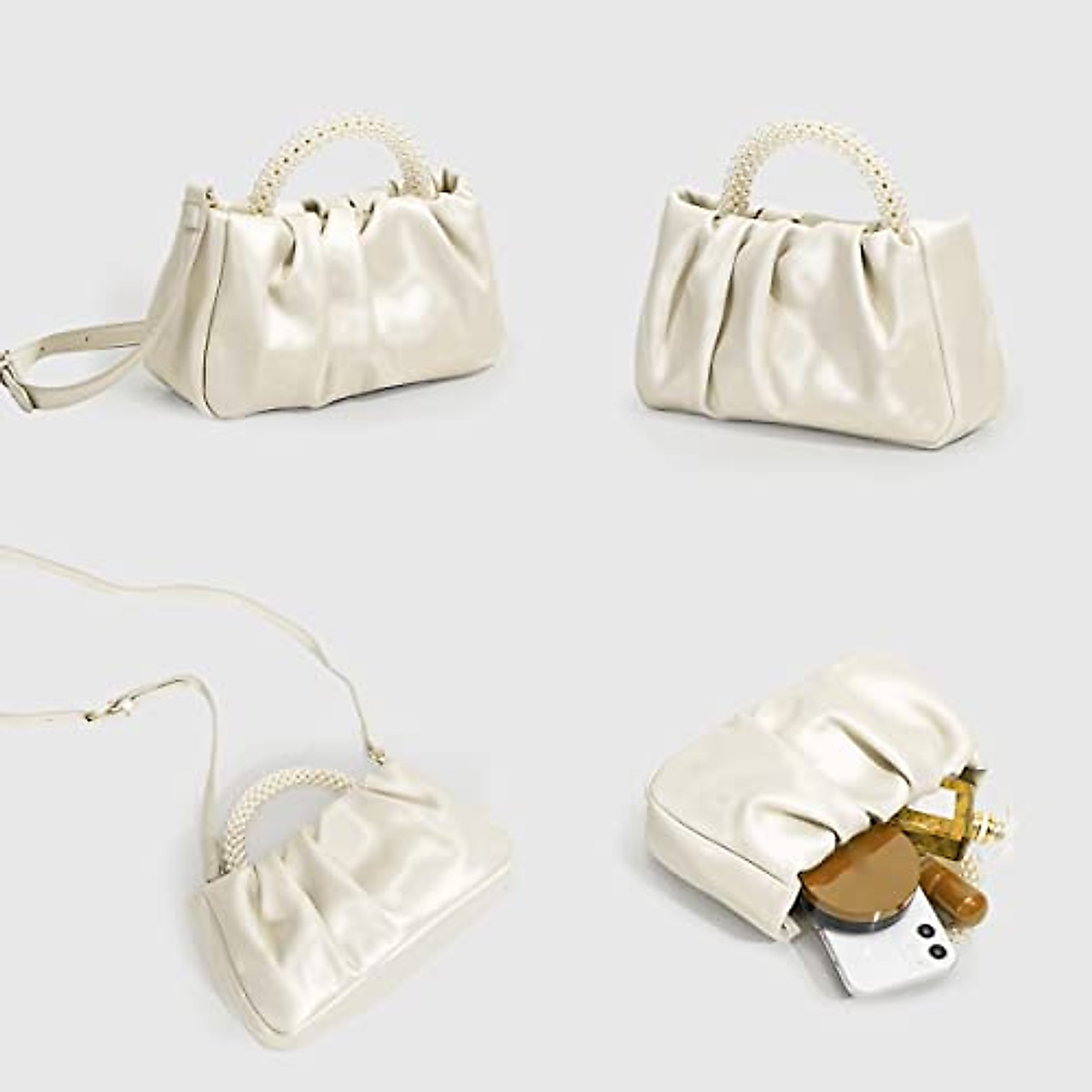 Beatfull Evening Purse Women Pearl Handbags Soft Leather Ruched Bag Bridal Clutch for Wedding Party Prom Crossbody Purses White