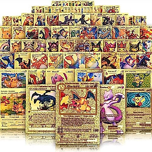 Ultra Rare 55 PCS Gold Cards Packs Vmax DX GX Rare Golden Cards TCG Booster Box Gold Foil Card for Kids Birthday Party Favors Gifts (No Duplicates) (Gold)