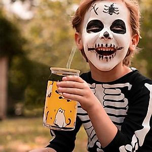 Joyseller Halloween Iced Coffee Can Glass, 16oz Halloween Cute Ghost Cat Glass Cup with Lid and Straw, Halloween Tumbler Beer Can Glass, Halloween Gifts, Halloween Decorations