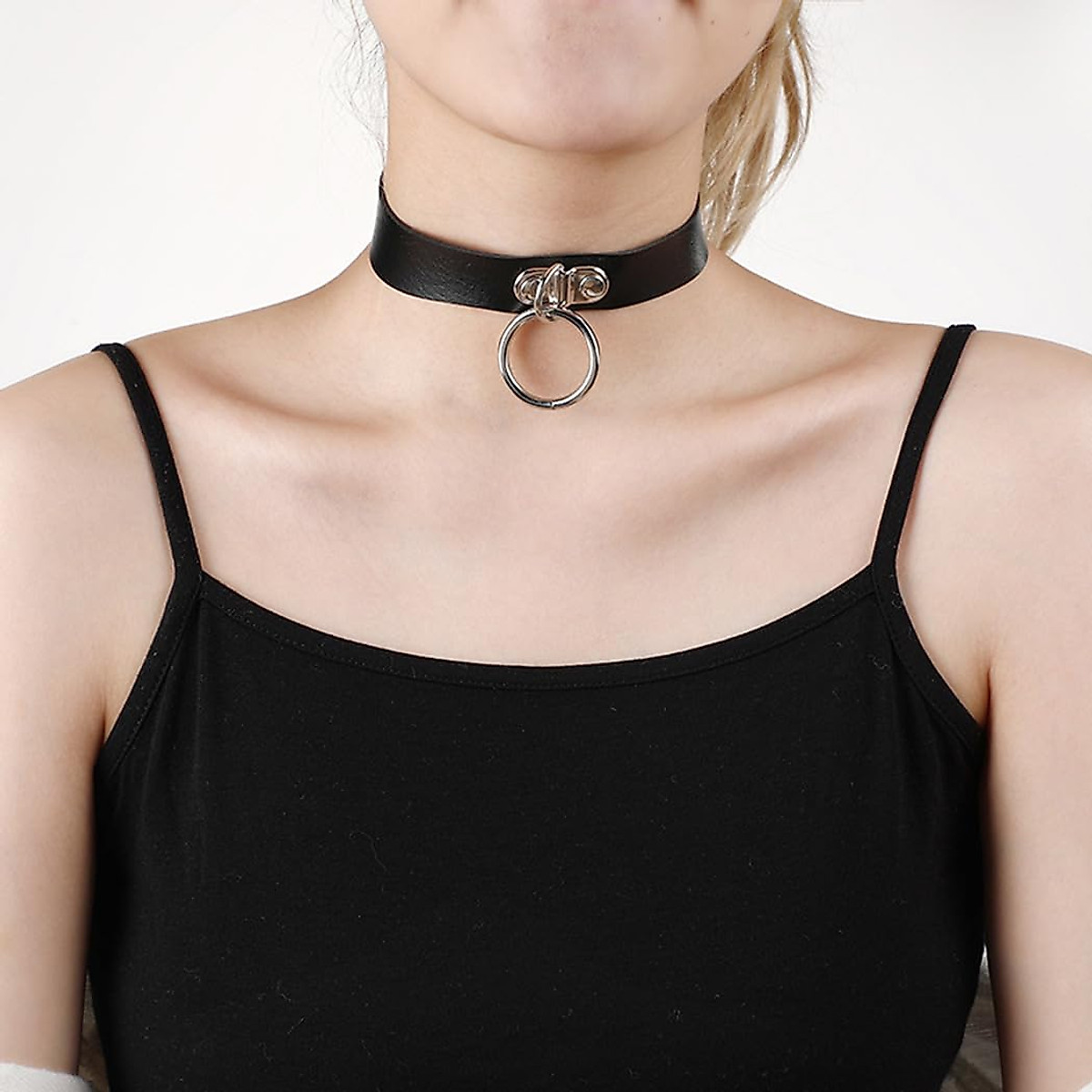 Shegirl Gothic Choker Necklace Black Geometric Leather Collar Necklace Fashion Punk Jewelry for Women (Ring)