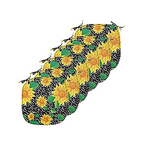 Lunarable Floral Chair Seating Cushion Set of 6, View of Sunflowers on a Background of Monochrome Stripes, Seat Pads for Office with Anti-Slip Backing, 16"x16", Charcoal Grey Yellow