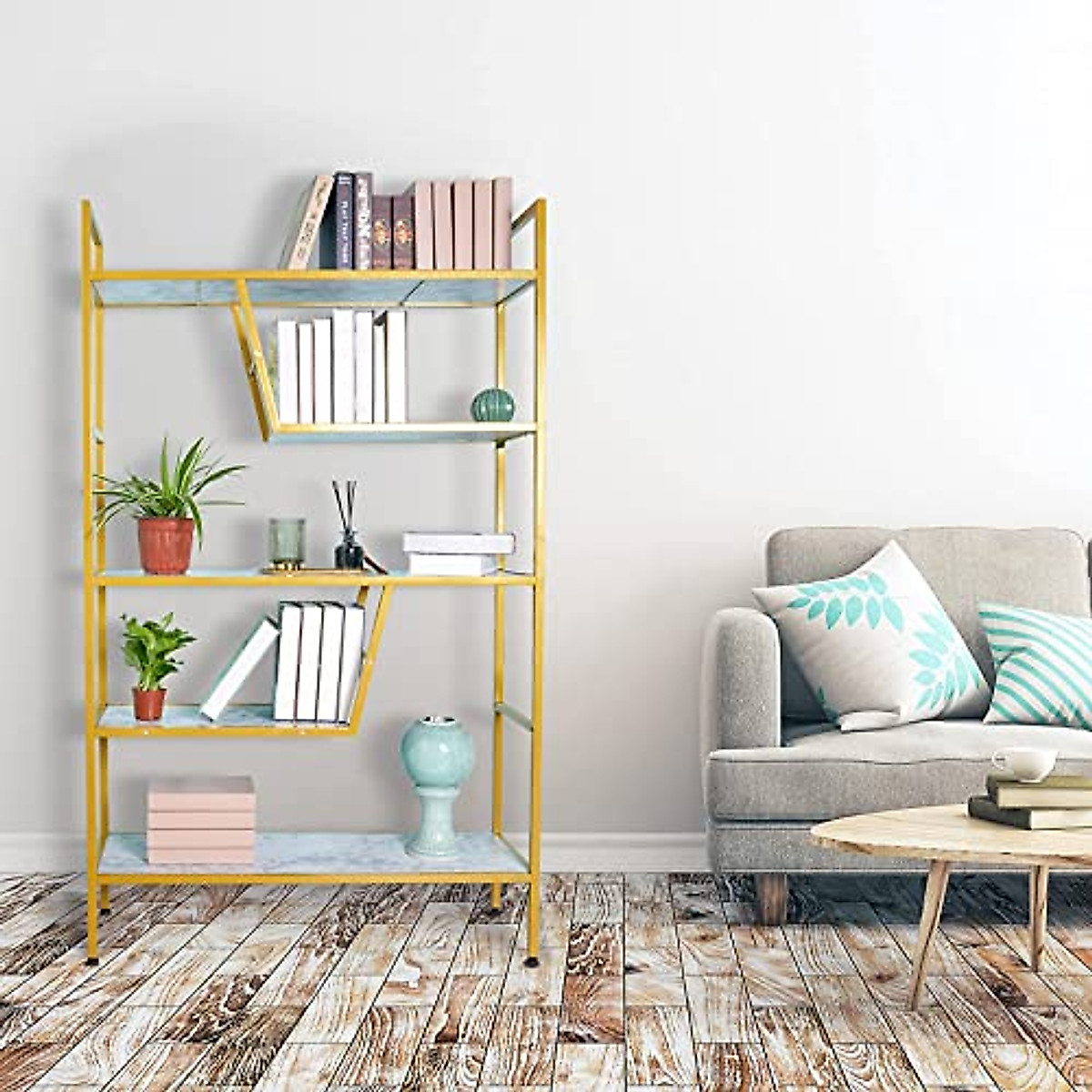 SIMFLAG 5-Tier Bookshelf Adjustable Bookcase with Retro Wood and Metal, Modern Tall Bookshelf for Bedroom, Display Gold Bookshleves for Home, Office, Living Room, Study Room