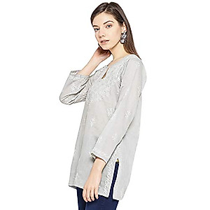 Ada Hand Embroidered Indian Chikankari Straight Cotton Tunic Top Kurti Shirt for Women A534584 (Grey, Medium)