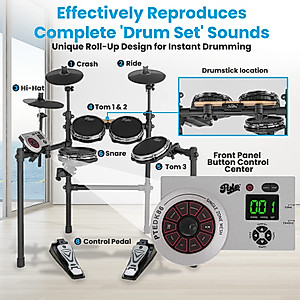 Pyle Electric Drum Set-Portable Quiet Electronic Kit with Mesh, Touch Sensitive Pads for Beginner, Supports MIDI (Mac & PC), Easy to Setup, Sticks Included for Home＆Outdoor-PTEDK86 Black