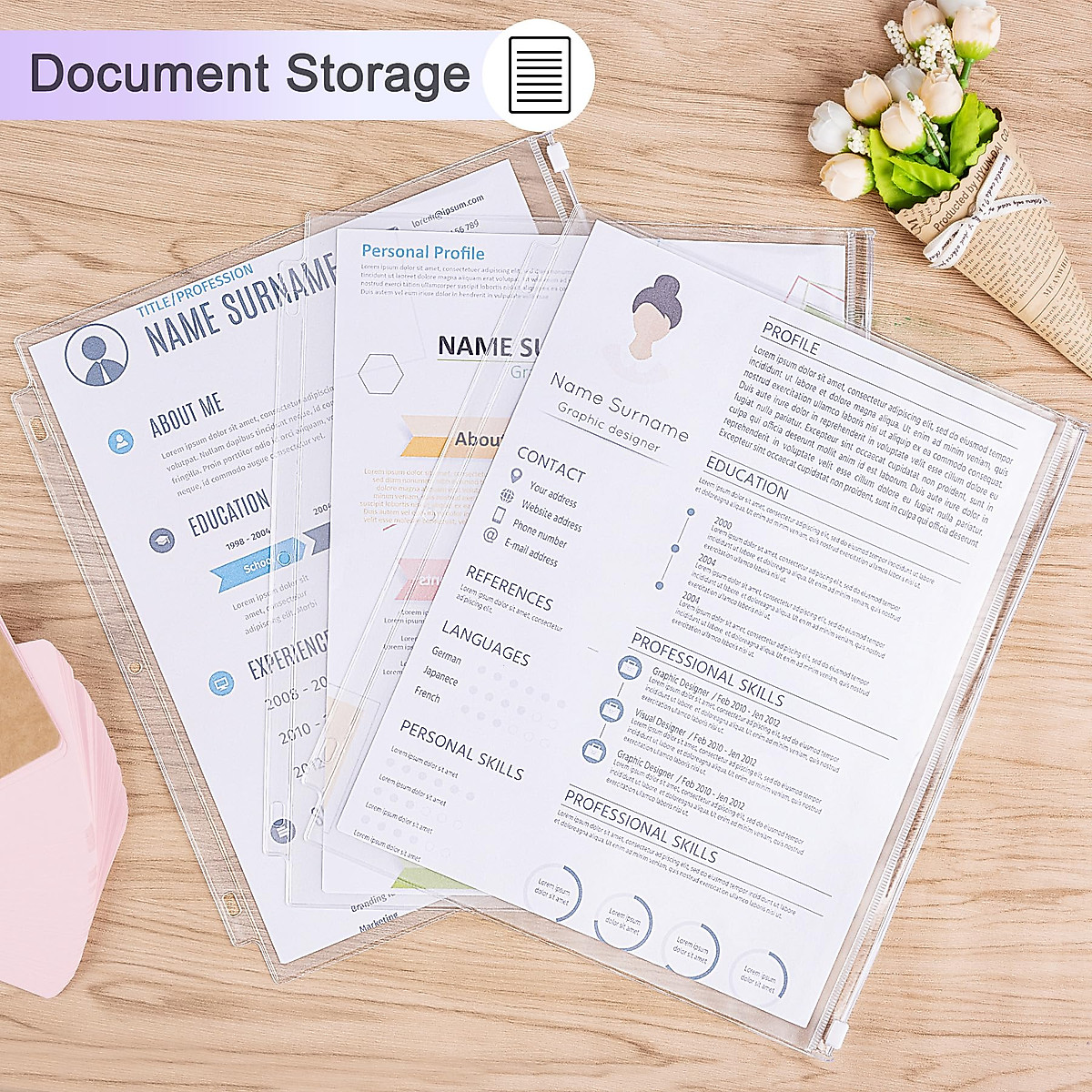 Antner 12 Pack Letter Size Binder Pockets 3 Holes Zipper Binder Folders for 3-Ring Binder, Clear PVC Loose Leaf Bag Binder Pouch Insert Pages Sheet Protectors Waterproof Document Filling Storage Bags