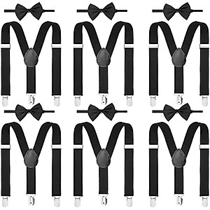 Haysandy 6 Set Men Suspender and Bow Tie Set Bulk Pack Y Back Y Shape Adjustable Elastic Suspender for Adult Women(Black)