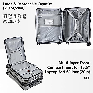 TydeCkare Luggage Set 3 Piece 20/24/28, 20" carry on with Front Pocket & 24/28" with Expandable, ABS+PC Suitcase with 4 Silent Wheels, TSA, YKK, Silver Grey